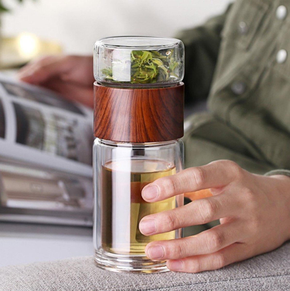 日本暢銷 | Wood grain portable double-layer tea-water separation glass insulated tea-leaking tea cup ...