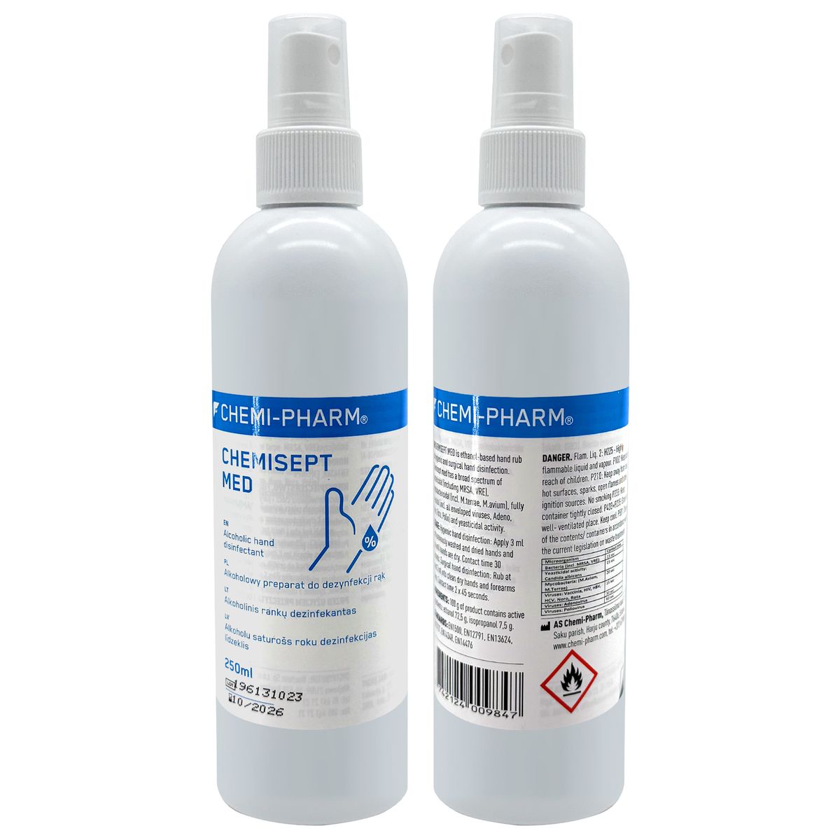 CHEMI-PHARM | (噴霧款)醫療級酒精搓手液Chemisept Med 250ml｜滅活病毒力壓一般酒精 | WHO推薦80%乙醇 ...