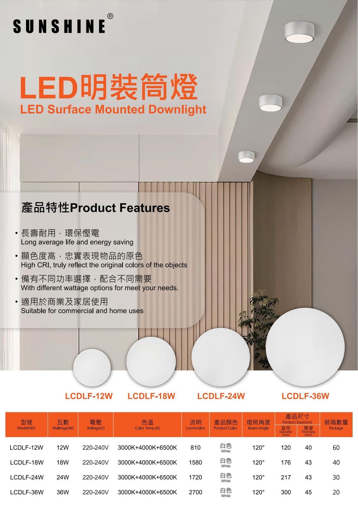 陽光 | LED薄邊明裝筒燈24W 預設可選三色溫黃光3000K+米光4000K+白光6500K #天花燈 #吸頂燈 (LCDLF-24W) | HKTVmall 香港最大網購平台