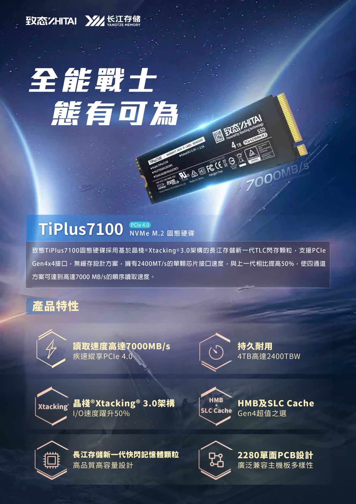 致態 | TiPlus 7100 4TB (7000 MB/s)NVMe2.0 PCIe Gen4x4 M.2 2280 | 內置SSD 固態硬碟 | HKTVmall 香港最大網購平台