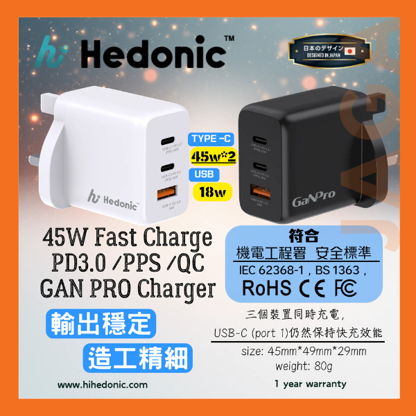 Hedonic | 3 端口 PD 3.0 45W GAN Pro 迷你充電器｜火牛｜叉電器｜Type c｜usb插頭｜81063｜81064 ...
