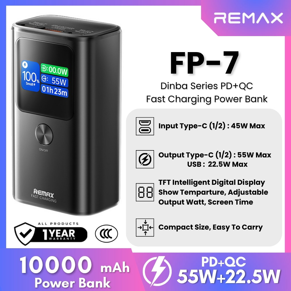 REMAX | REMAX 行動電源 10000mAh 55W PD QC3.0 快速行動電源 [FP-7] | 顏色 : 灰色 | HKTVmall 香港最大網購平台