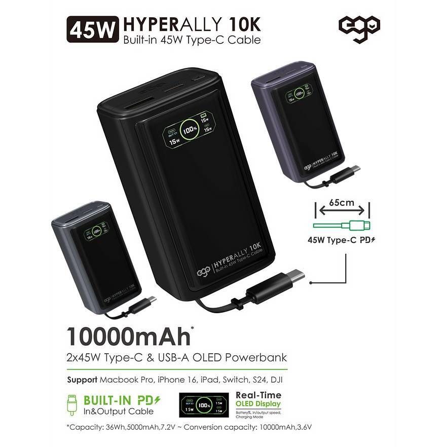 ego | (3色) EGO Hyper Ally 10K @45W 延長線外置電 HA10 黑色│iPhone / Android、快速充電 ...