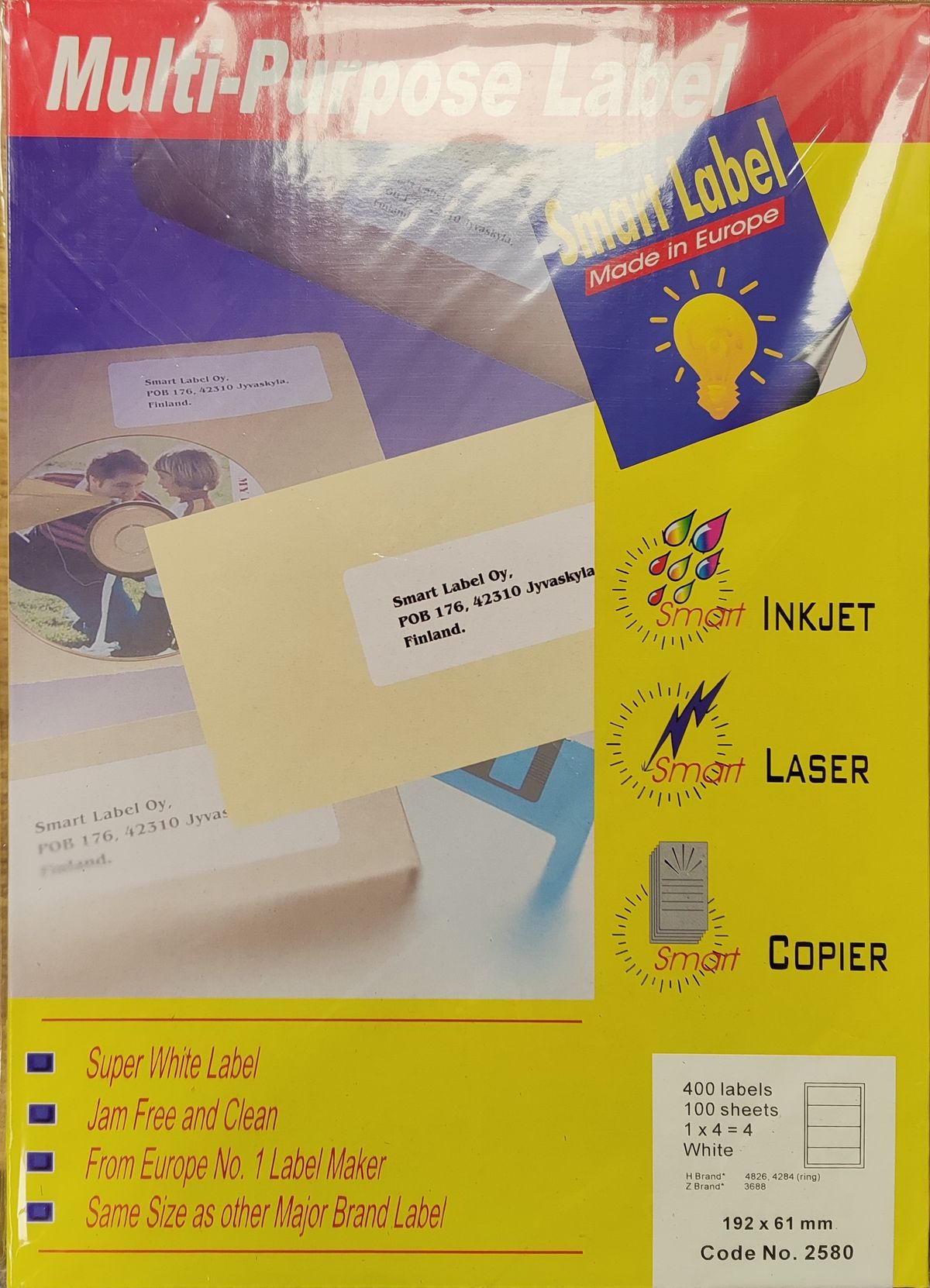 SMART LABEL | Smart Label - No.2580 多用途標籤 A4 192毫米x61毫米 100張(400個) 白色 ...