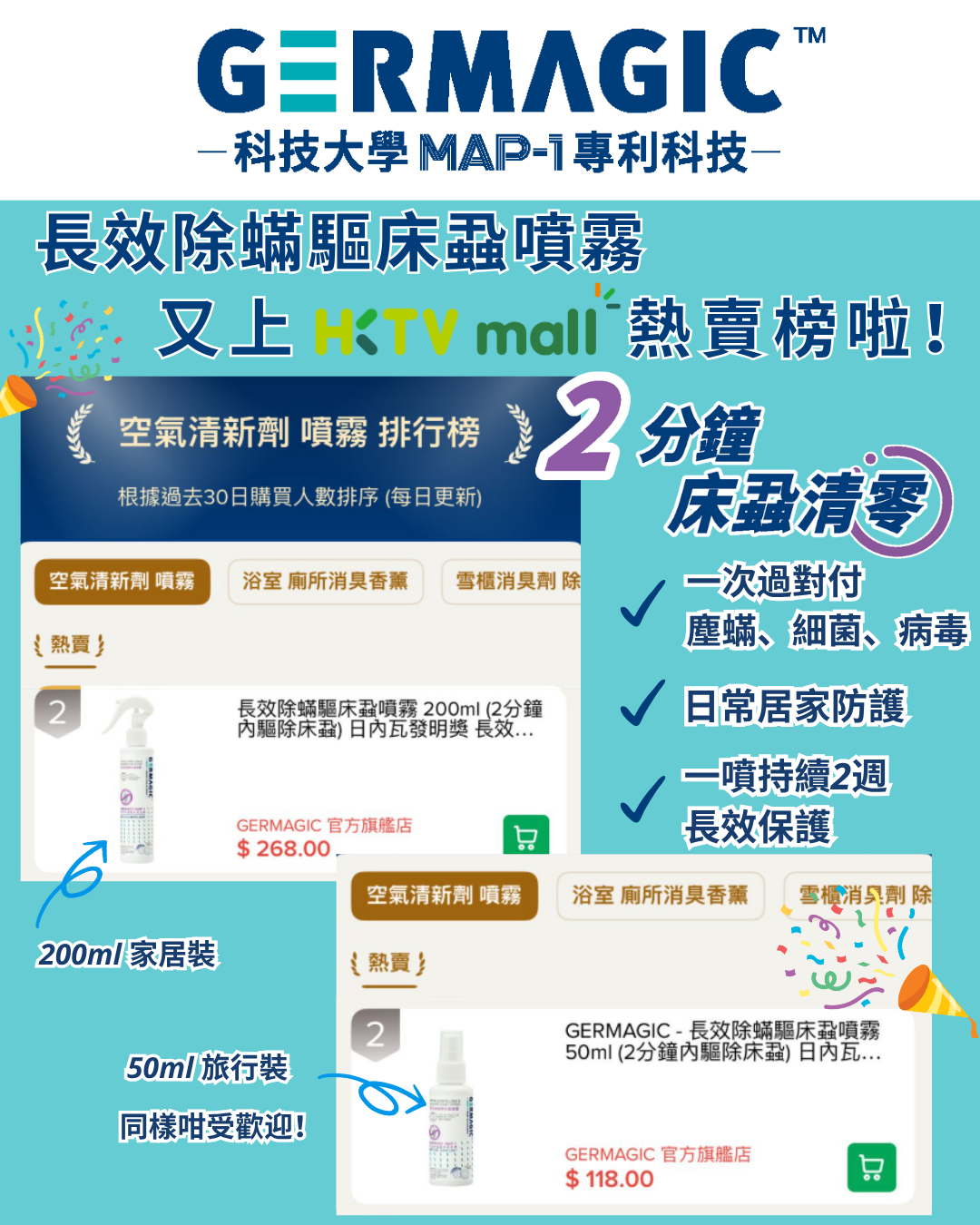 GERMAGIC | GERMAGIC - 長效除蟎驅床蝨噴霧 50ml (2分鐘內驅除床蝨) 日內瓦發明獎 長效驅滅害蟲如(牛蜱、蟎蟲、蟑螂 ...