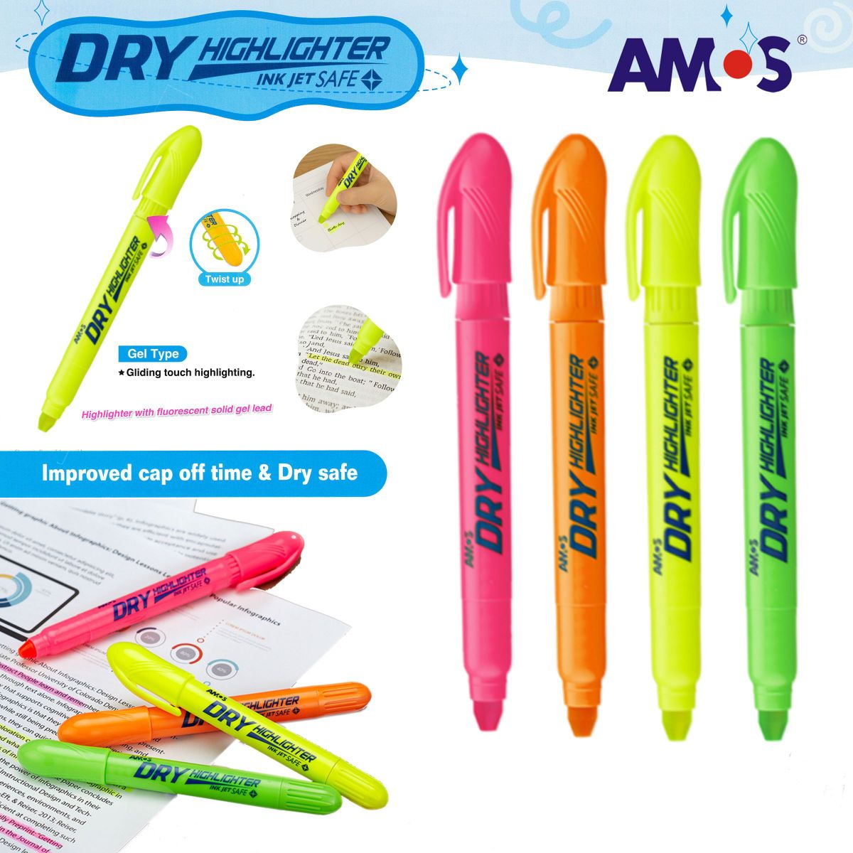 AMOS | Korea AMOS Fluorescent Solid Highlighter Pen 4 Colors Set # ...