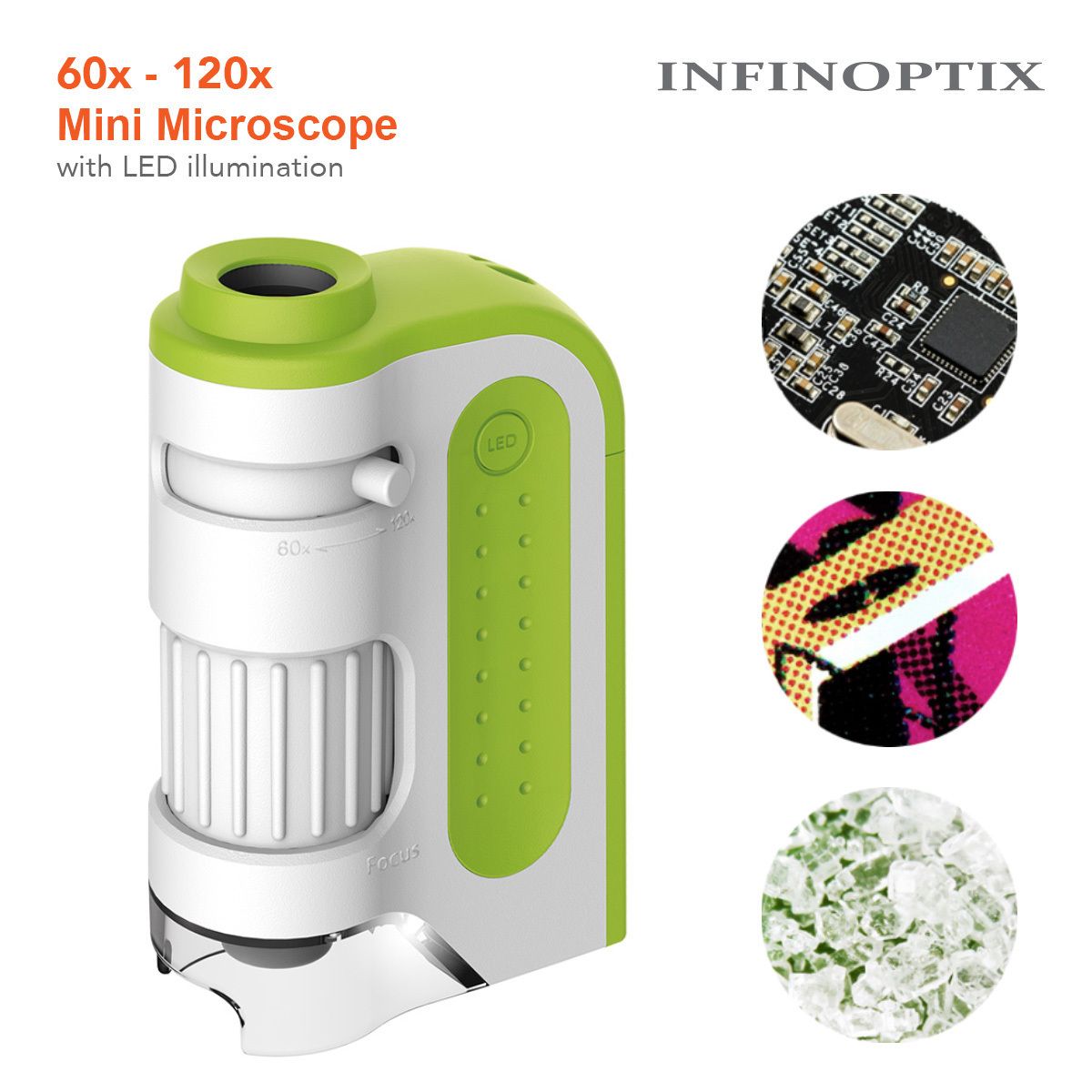 INFINOPTIX | Pocket Microscope 60-120x with UV light (White/Lime ...